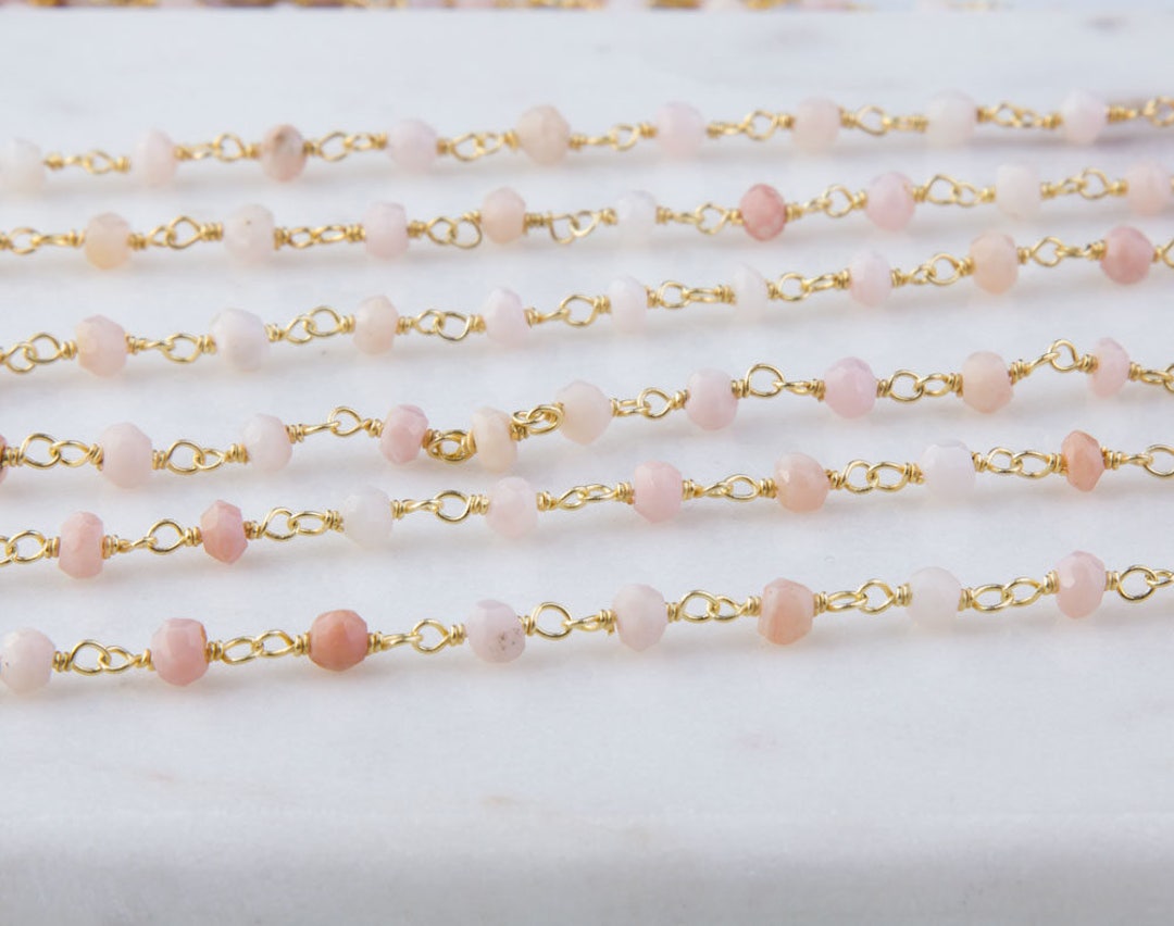 Pink Opal Beaded Wire Wrapped Vermeil Chain, Rosary Chain, Priced per ...