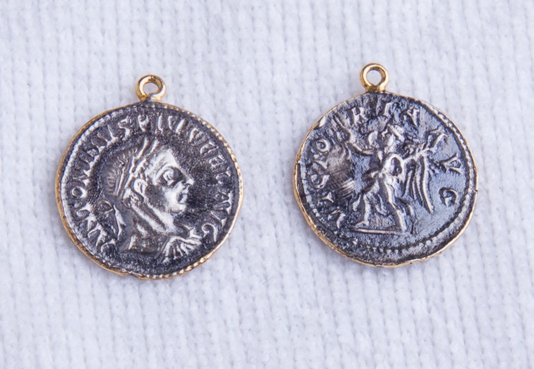 17.5mm Roman, Greek Medallion Coin Charm in Oxidized Sterling Silver ...