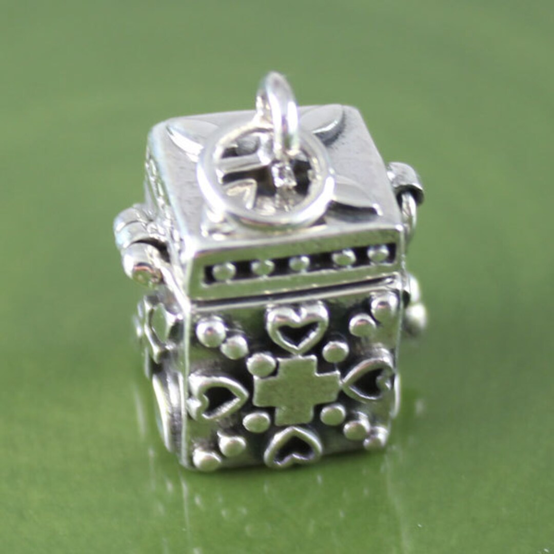 Cross and Hearts Square Prayer Box / Sterling Silver / Charm Pendant ...