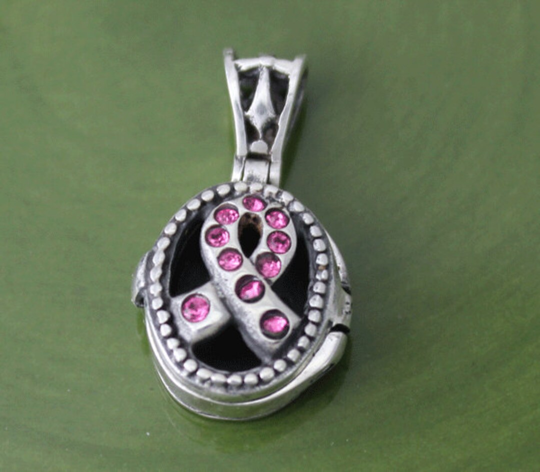 Sterling Silver Pink Awareness Locket, Pink Ribbon Prayer Box Pendant ...