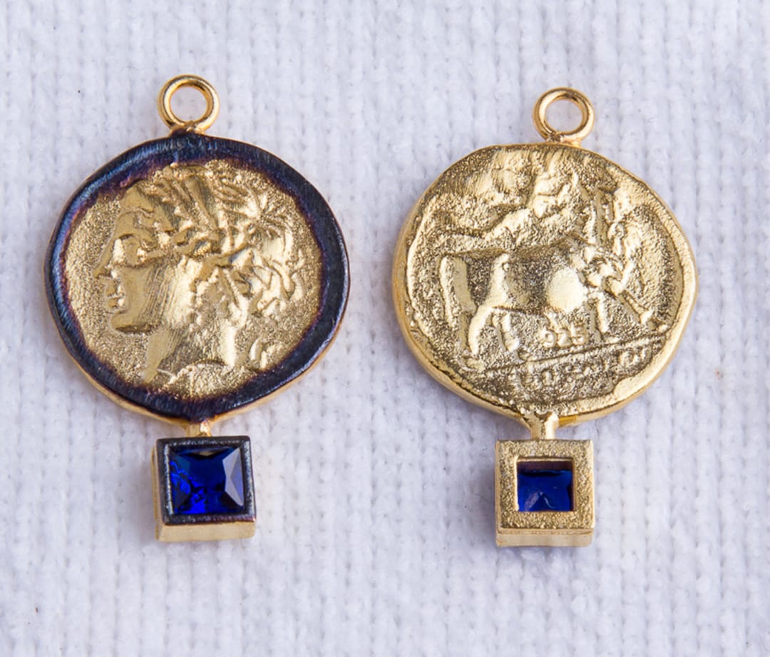 Roman, Greek Medallion Coin Charm With CZ in Sterling Silver Heavy Gold ...