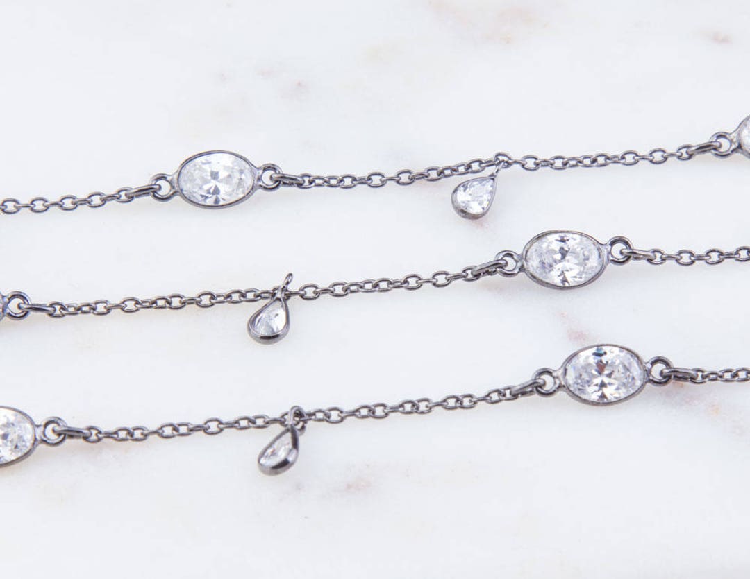 Black Silver Cubic Zirconia Oval Chain With CZ Teardrop Chain, CZ Oval ...