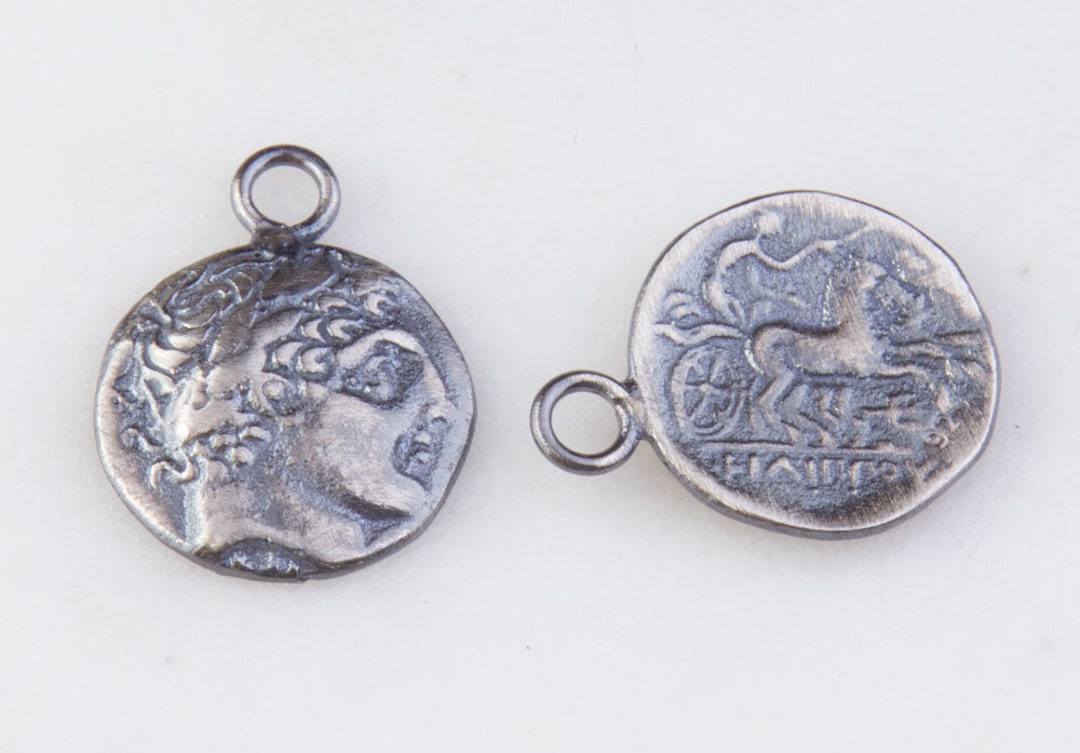 15mm Roman, Greek Medallion Coin Charm in Oxidized Sterling Silver ...