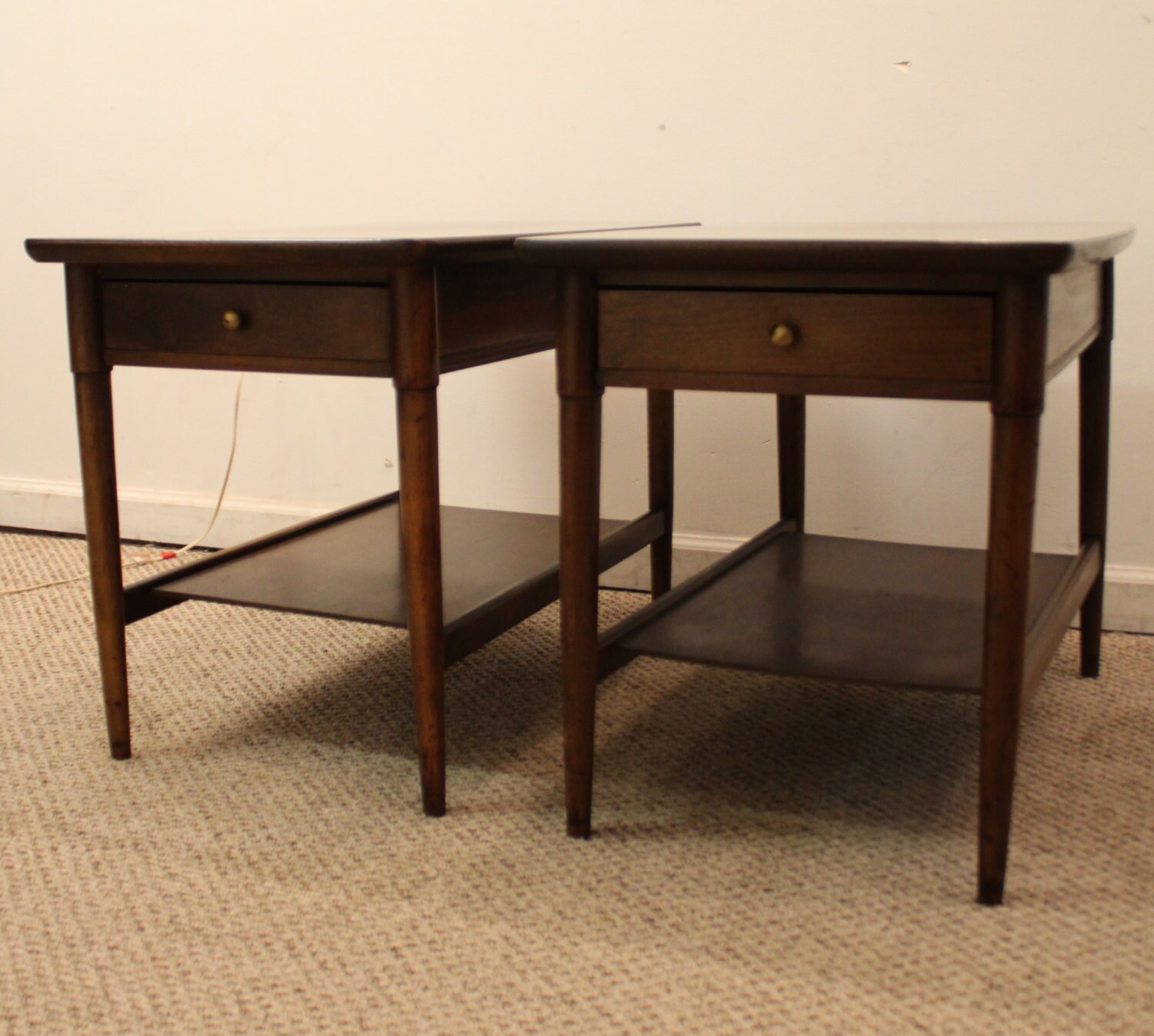 Mid-Century End Tables Danish Modern Walnut Tapered Leg Side Tables-Pair #9
