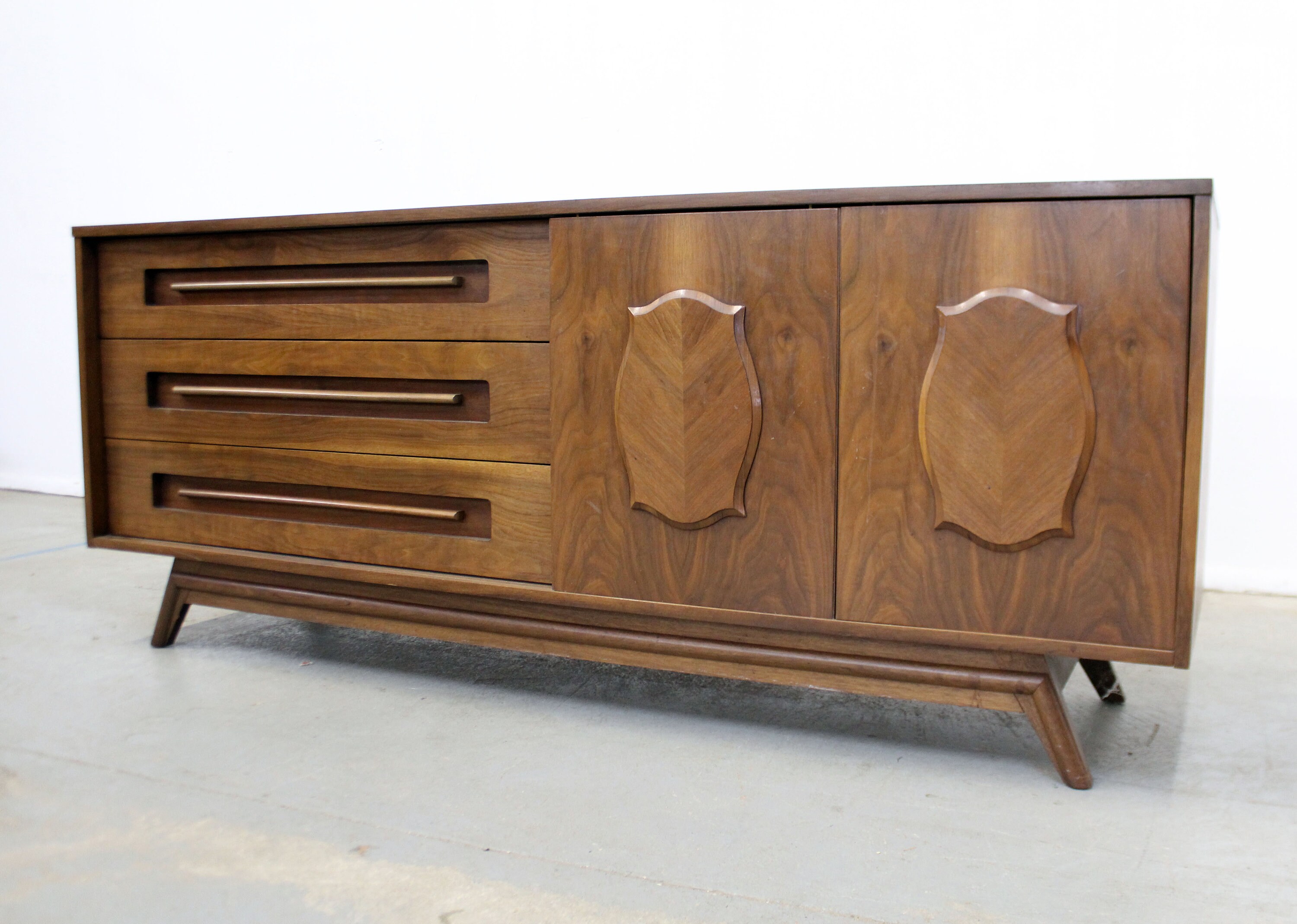 Mid-Century Walnut Credenza by Young Mfg Co Parquet Front