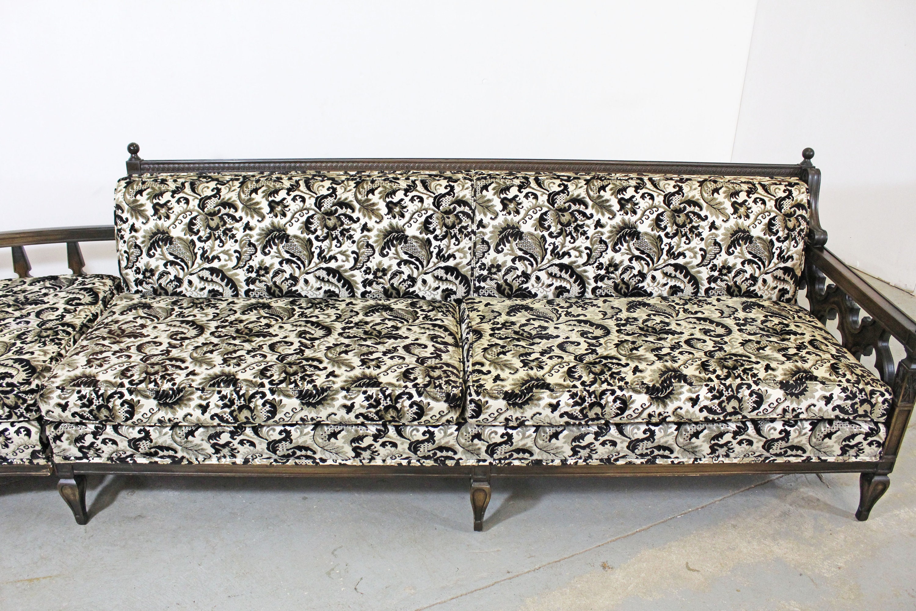Vintage Mid-Century Modern Floral Wood Frame Sectional Sofa