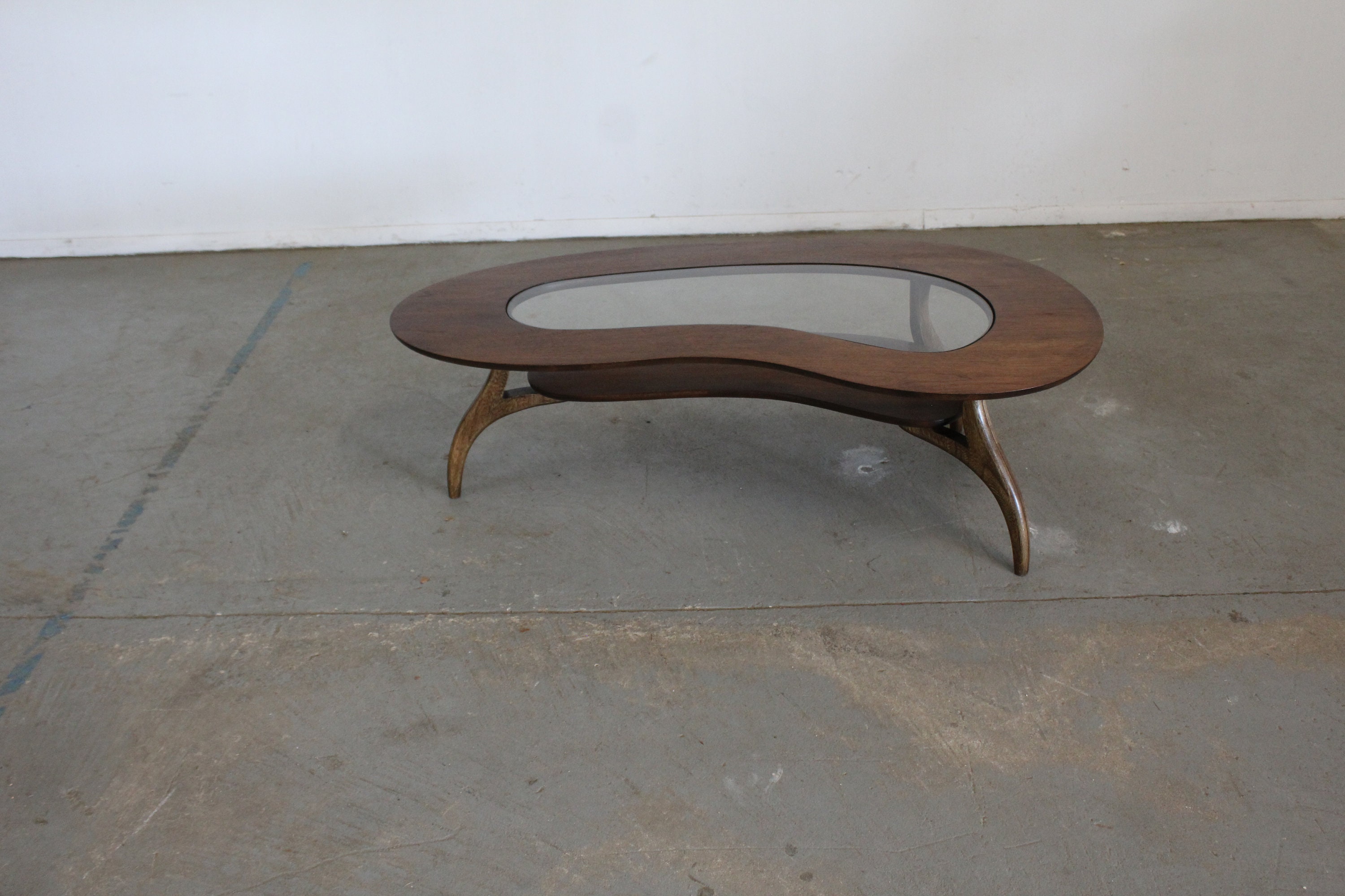 Vintage Mid Century Modern Amorphous Glass Walnut Coffee Table