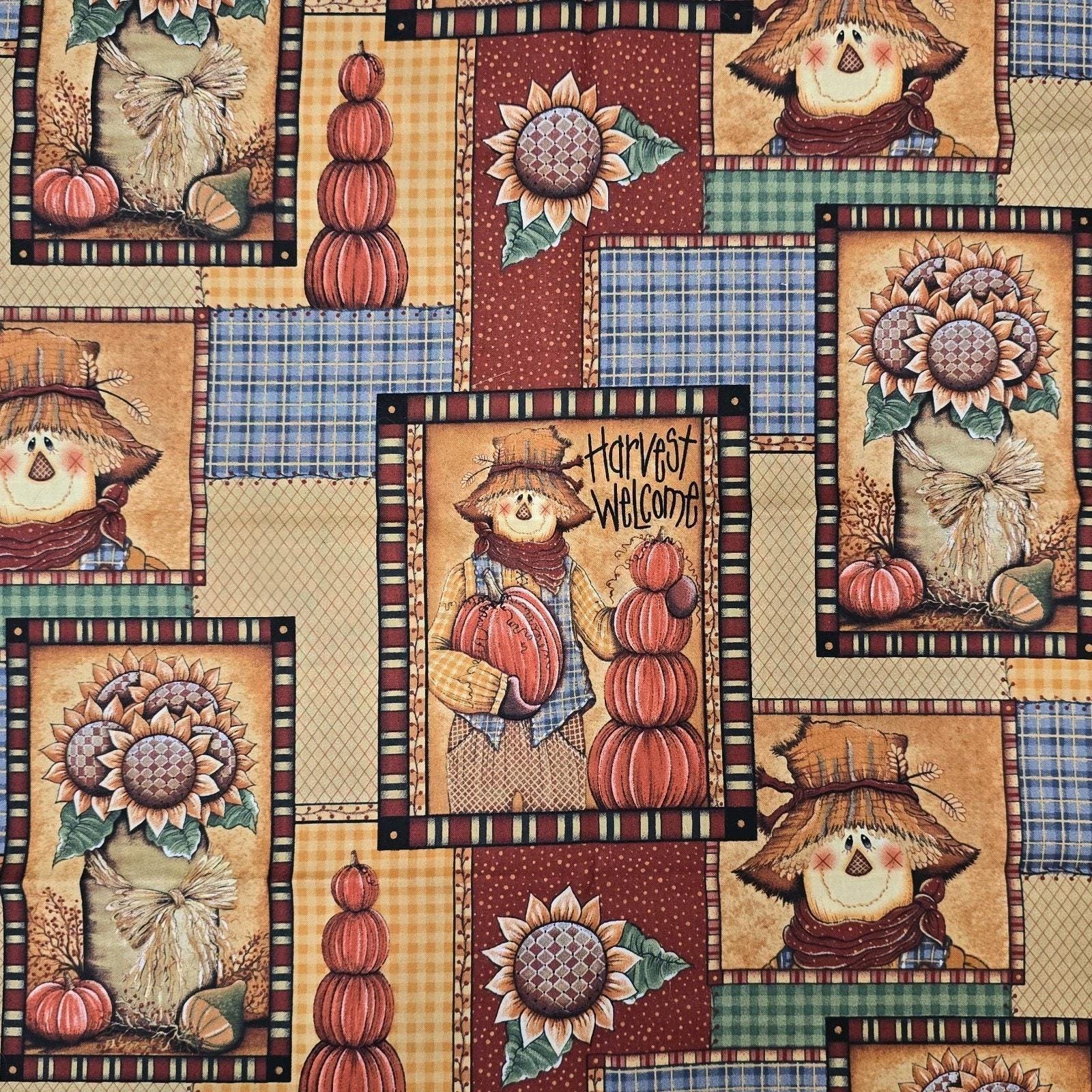 Cotton Fabric 20"x44" Harvest Welcome Patchwork Scarecrow Pumpkins ...