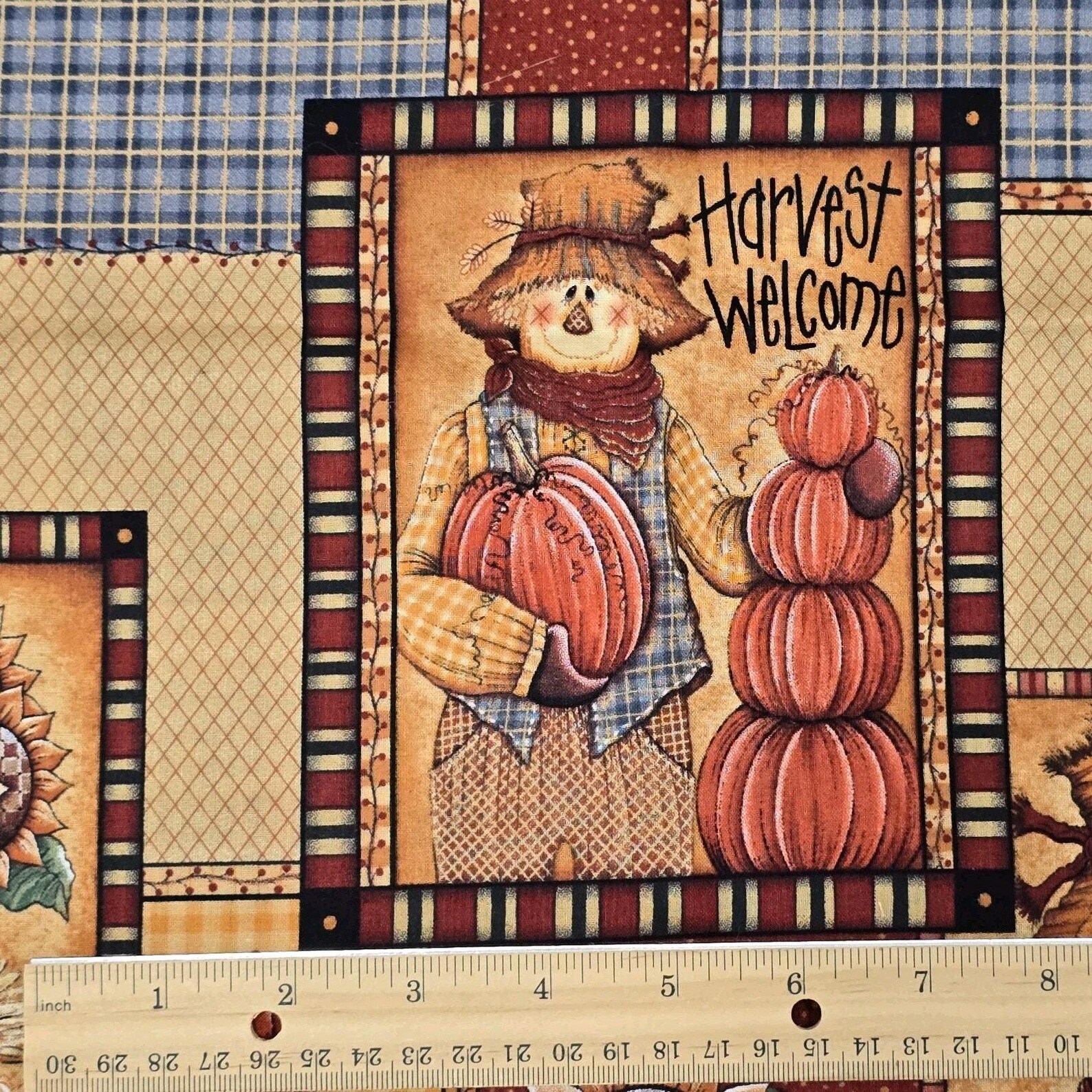 Cotton Fabric 20"x44" Harvest Welcome Patchwork Scarecrow Pumpkins ...