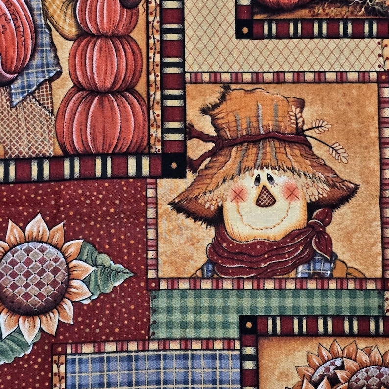 Cotton Fabric 20"x44" Harvest Welcome Patchwork Scarecrow Pumpkins ...