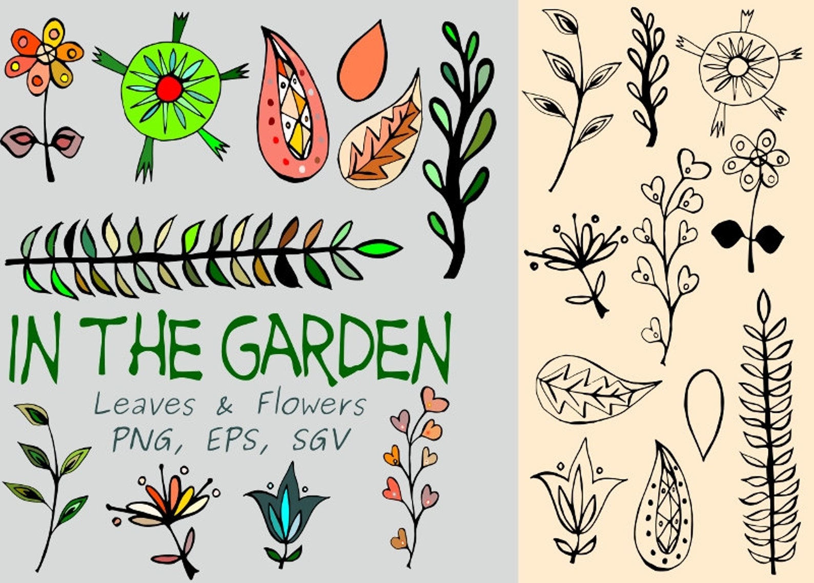 Vector Clip Art Hand Drawn Flowers Leaves Garden Spring Color - Etsy