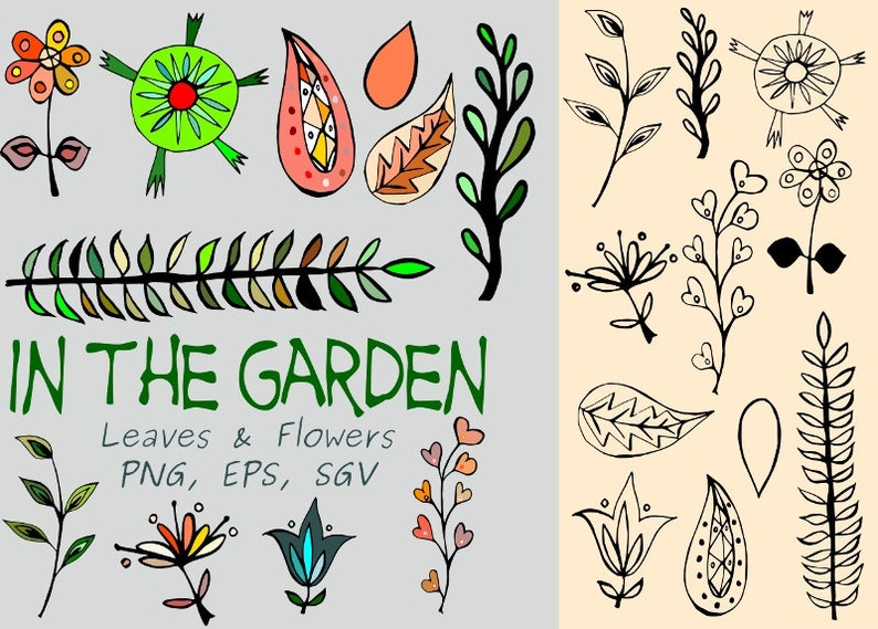 Vector Clip Art Hand Drawn Flowers Leaves Garden Spring Color - Etsy