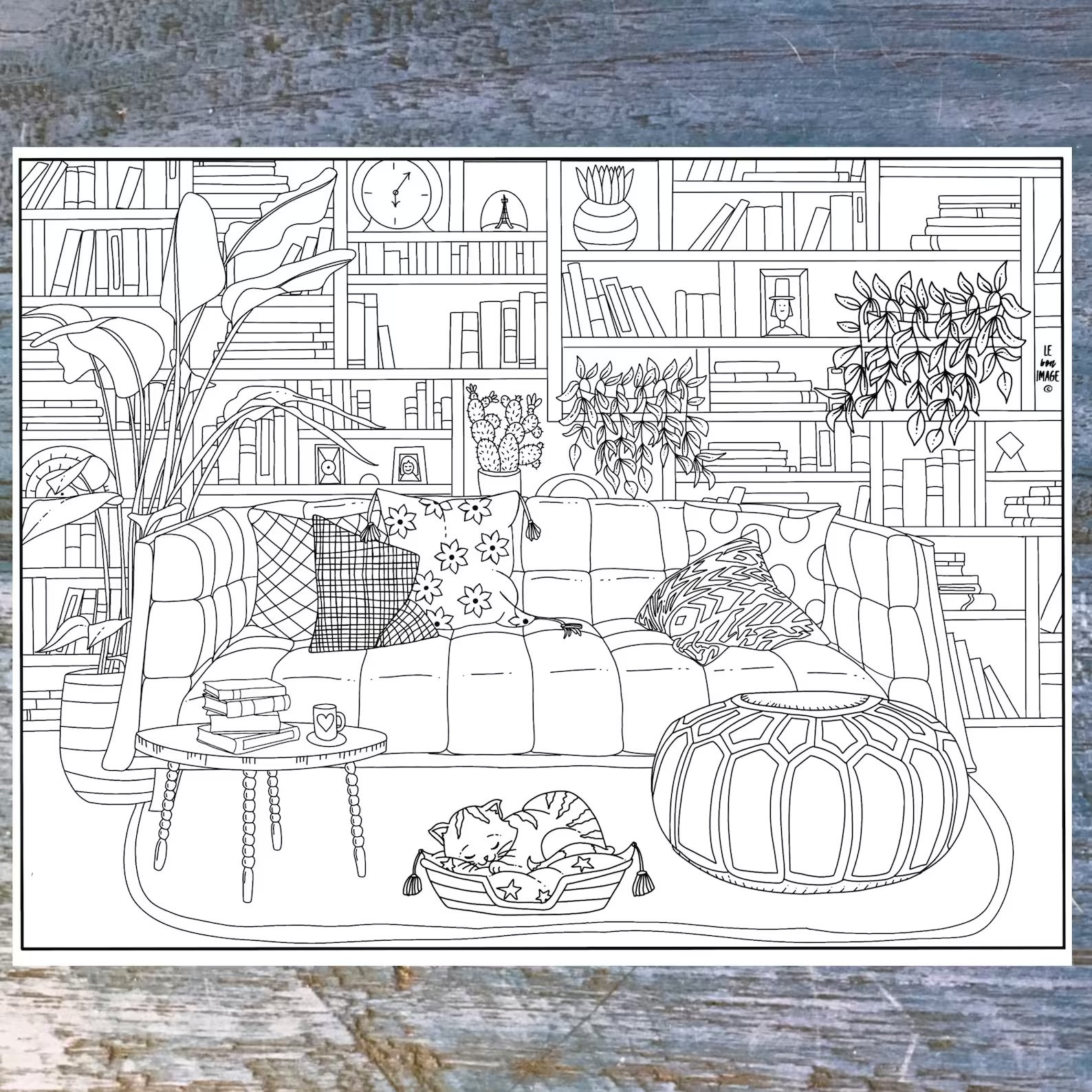Boho Interior Coloring Page Cat Books Cozy Printable Art - Etsy