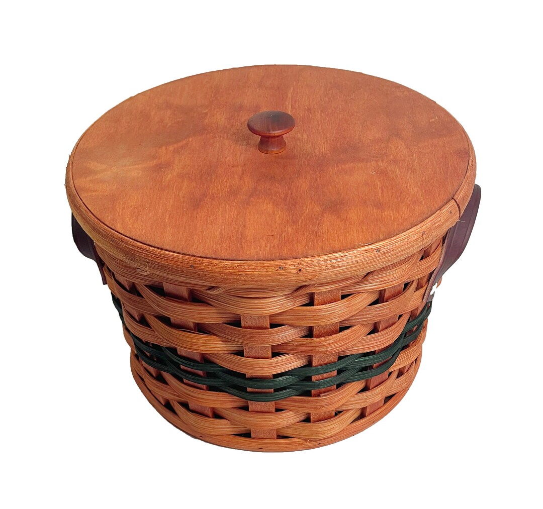 Amish Baskets Cookie Jar Basket Handmade Solid Oak With Lid & Leather ...
