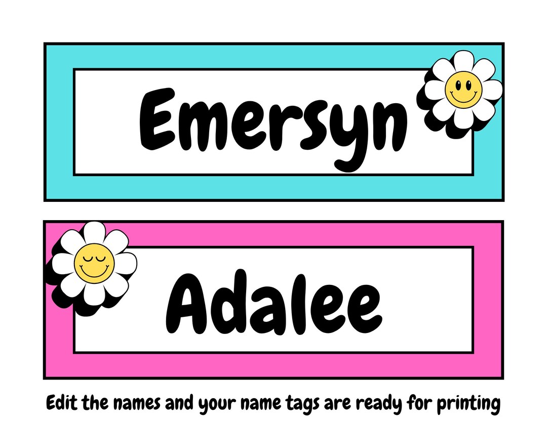 Retro, Groovy, Smiley Faces | Printable Classroom Desk Name Template ...