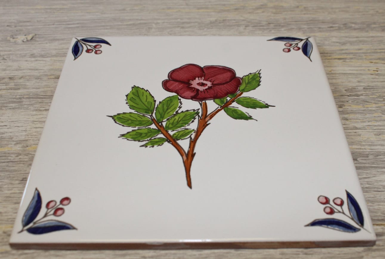 Red Flower Terracotta Tile / Decorative Kitchen or Bathroom Accent ...