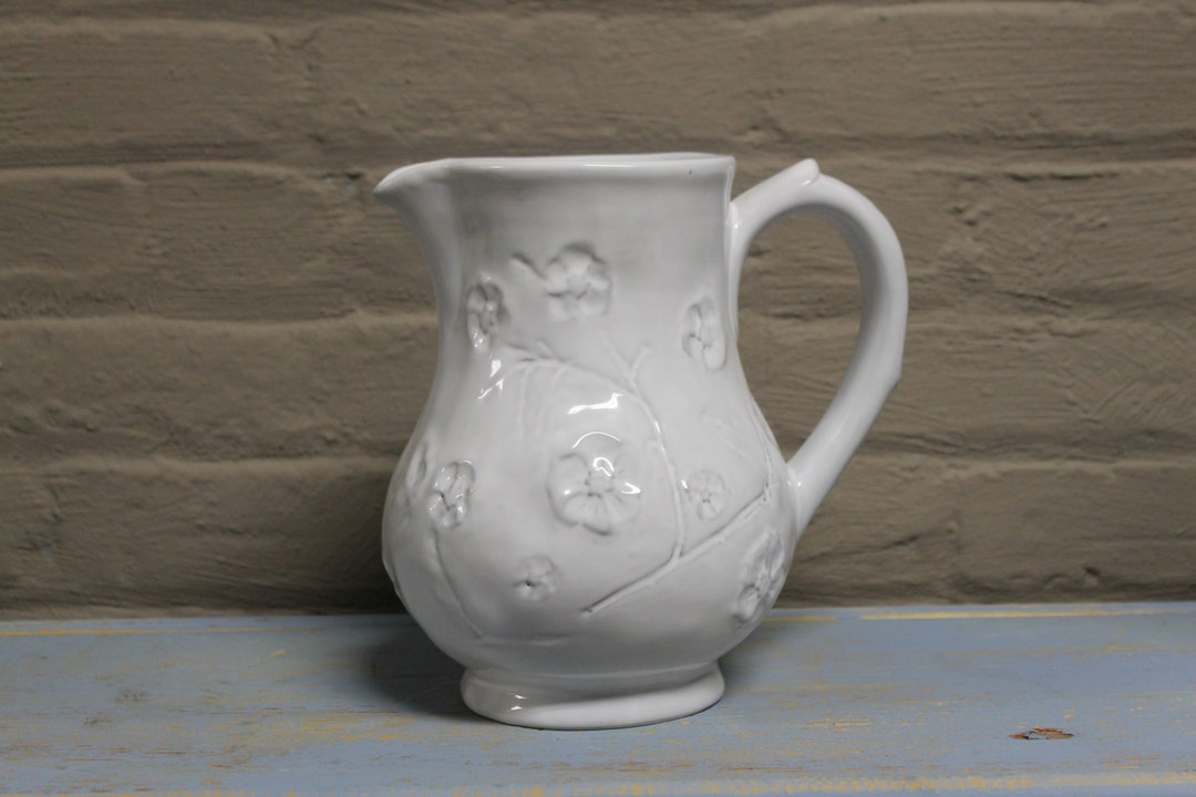 Handmade Ceramic Pitcher, White Gardenia Pressed Flowers, Portuguese ...