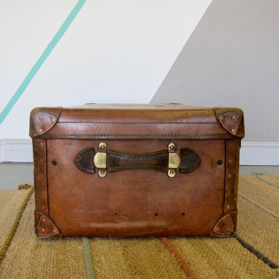 Vintage Tan Leather Suitcase Old Storage Chest Coffee… - Gem