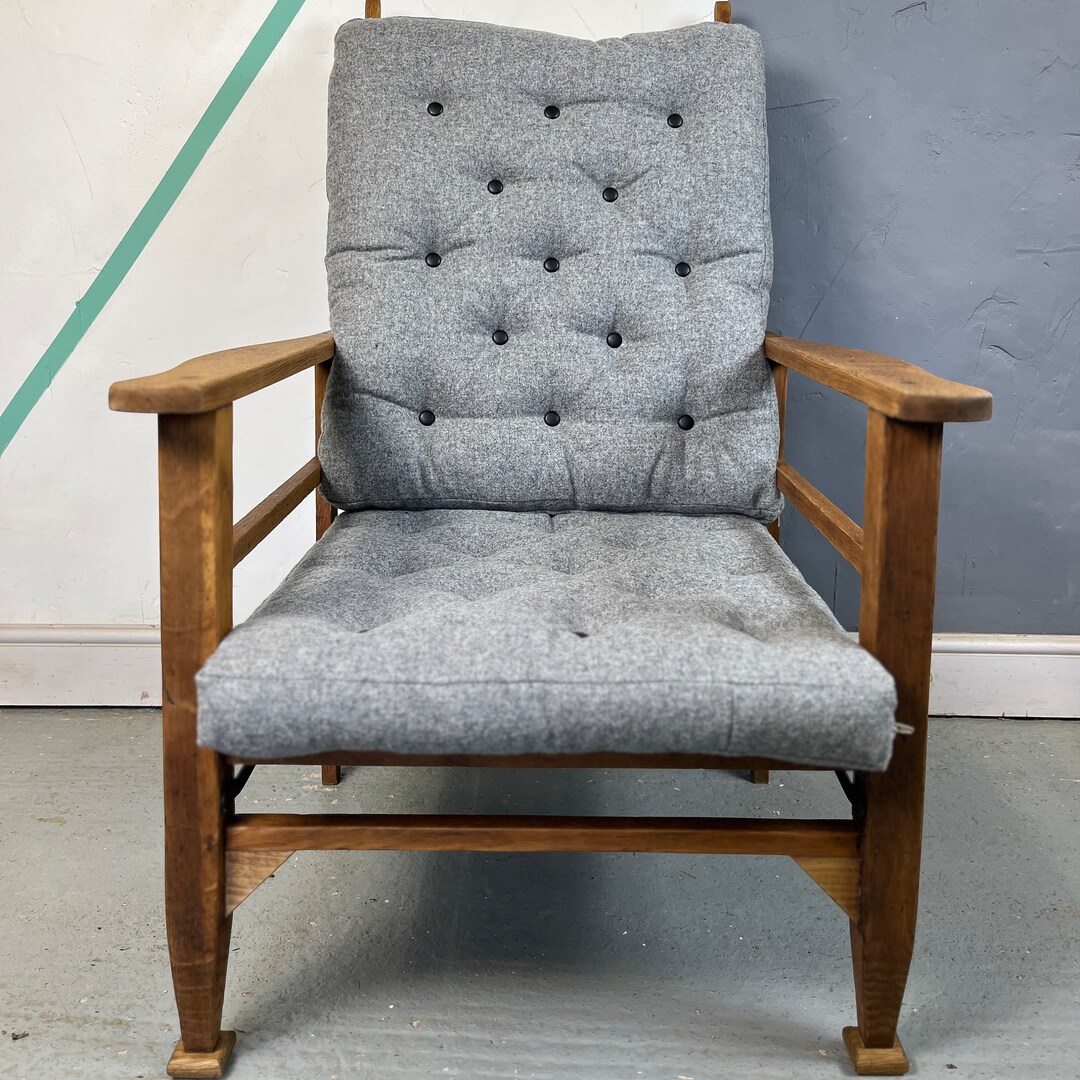Arts and Crafts Oak Reclining Chair Grey Buttoned Back - Etsy UK