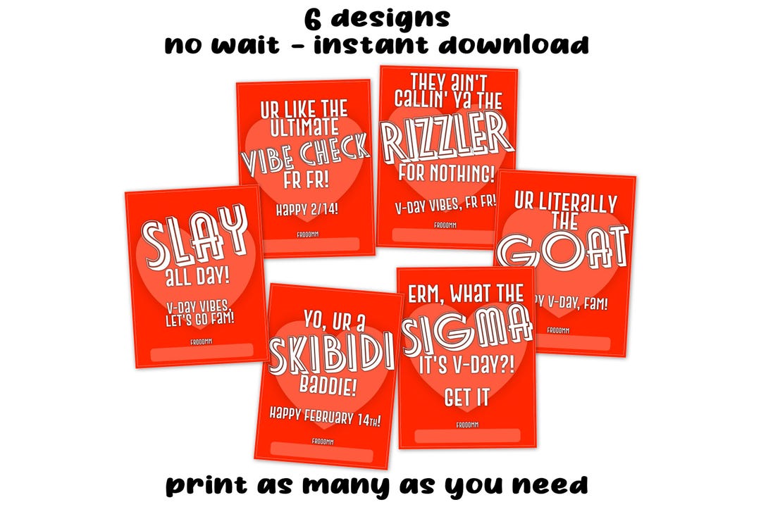 Gen Z Funny Slang Valentine's Day Cards: 6 Designs (printable PDF ...