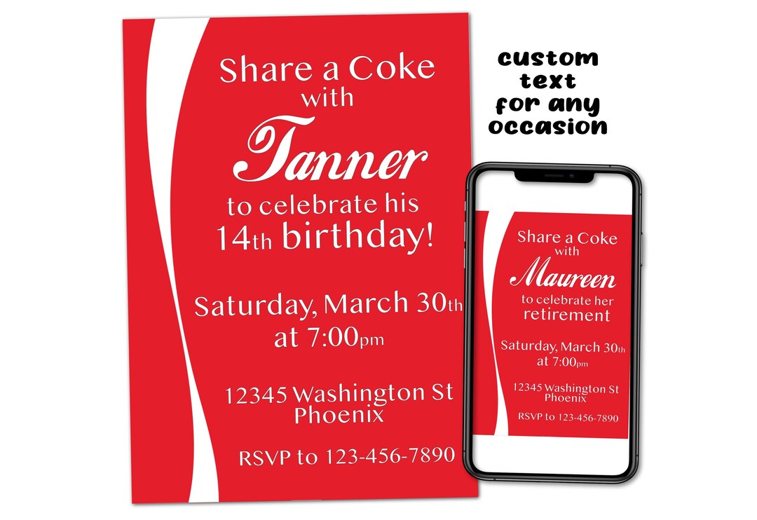 Coke Soda-themed Custom Birthday Party Printable Invitation Digital ...