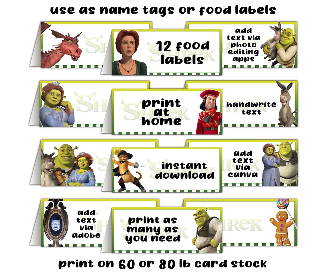 Shrek Party Food Labels: Printable Table Tents (PDF Instant Digital ...
