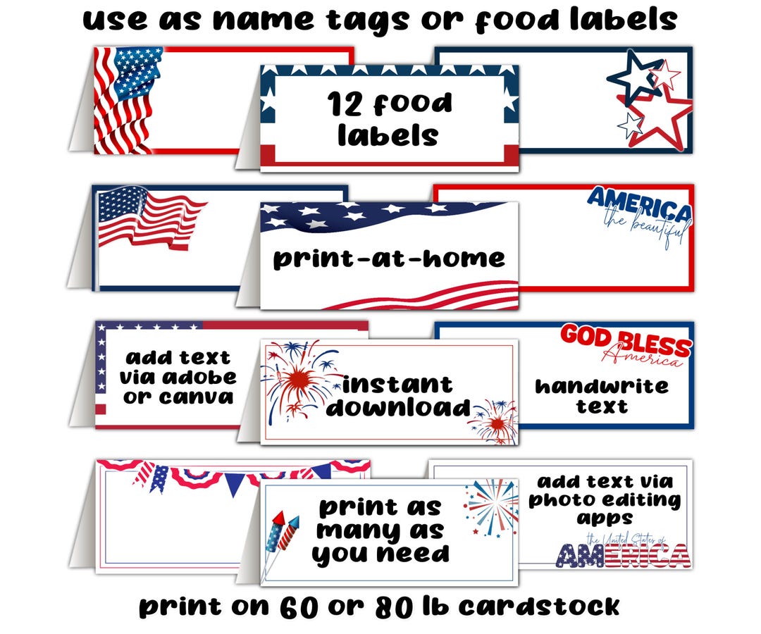 12 Patriotic July 4th Party Printable Food Label Table Tents Name Tags ...