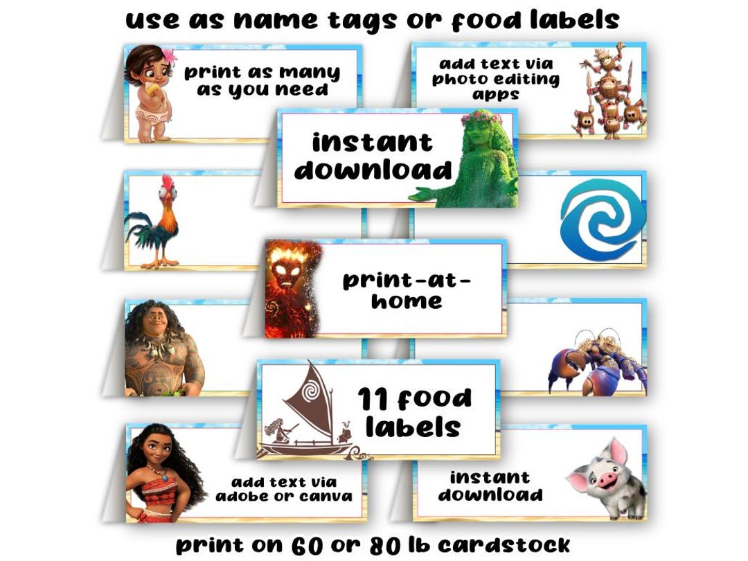 Moana Birthday Party Printable Food Labels Table Tents Digital ...
