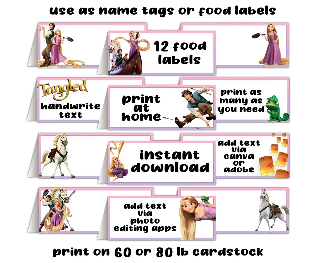 12 Tangled Rapunzel Birthday Party Printable Food Label Table Tents ...