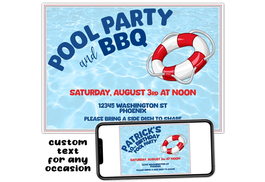 Pool Party BBQ Custom Party Printable Invitation Digital Download ...