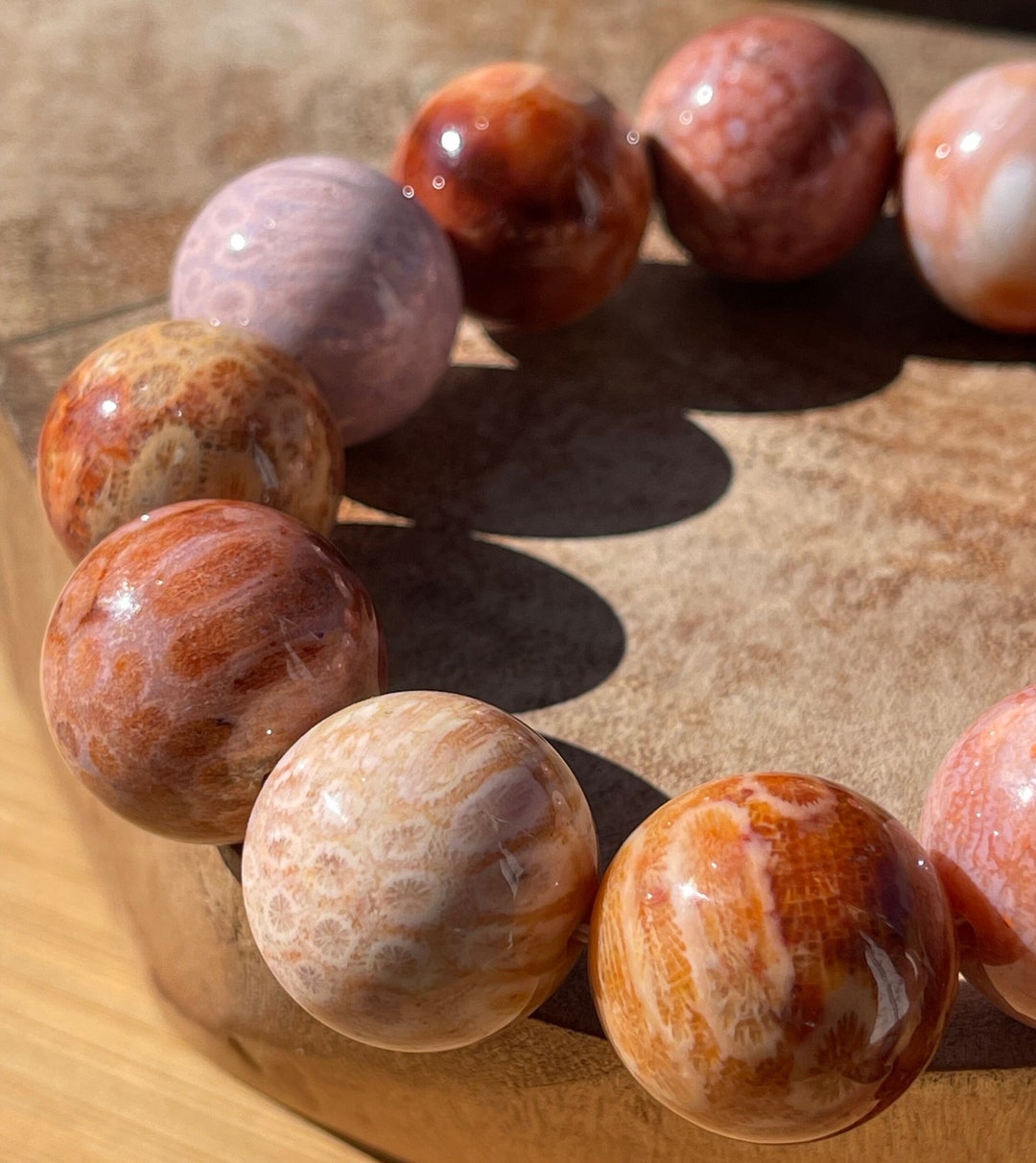Fossilized Coral Huge Bead Bracelet HQ Agatized Pink Orange Coral Beads ...