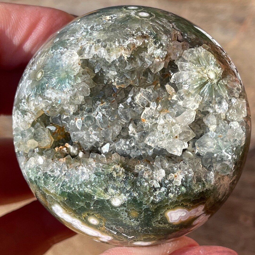 7th Vein Ocean Jasper Sphere With Pink Bubbles and Green Quartz Open ...