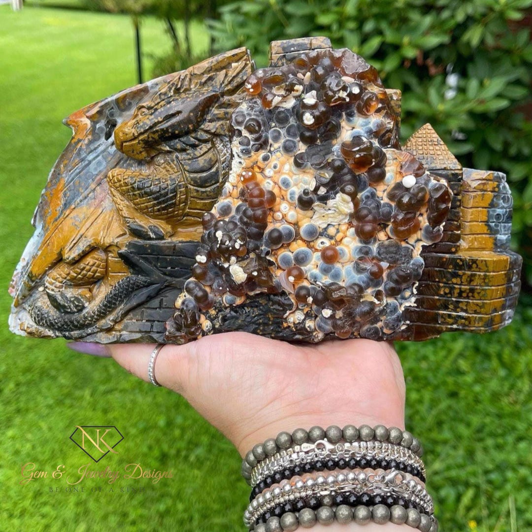 8th Vein Botryoidal Ocean Jasper Statement Dragon on Castle With Raw ...