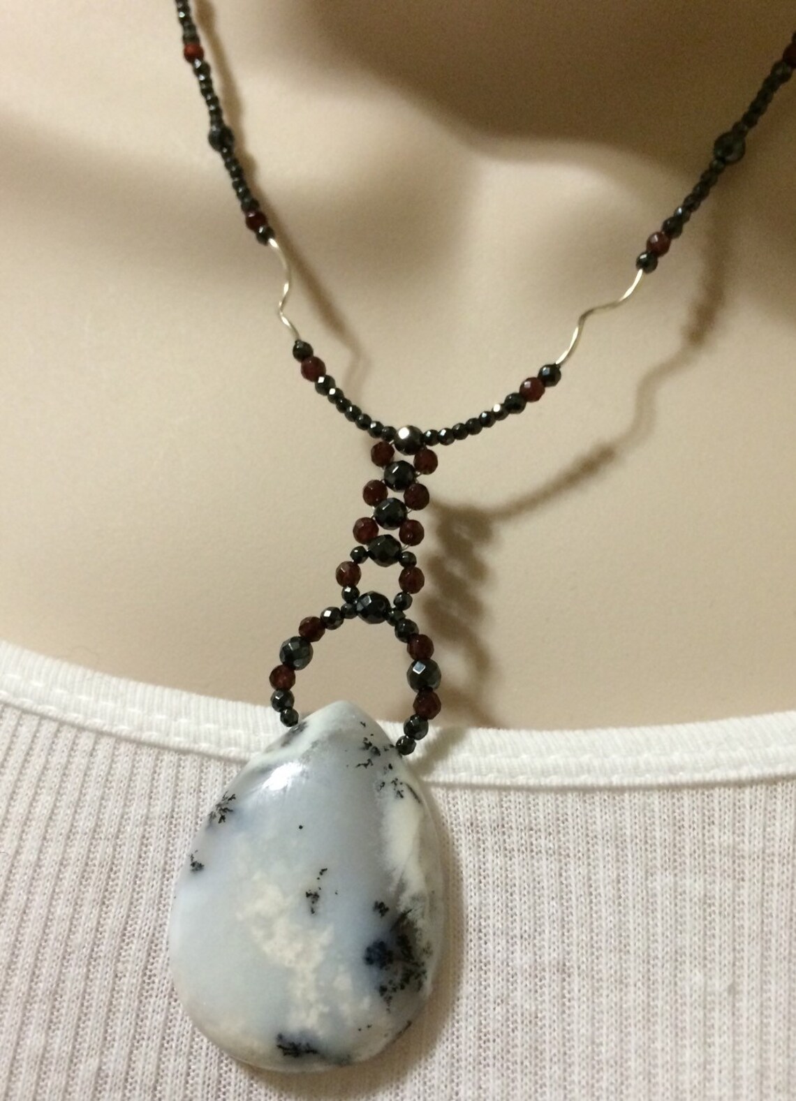 Sterling Silver DENDRITE OPAL Red Garnet Hematite Choker | Etsy