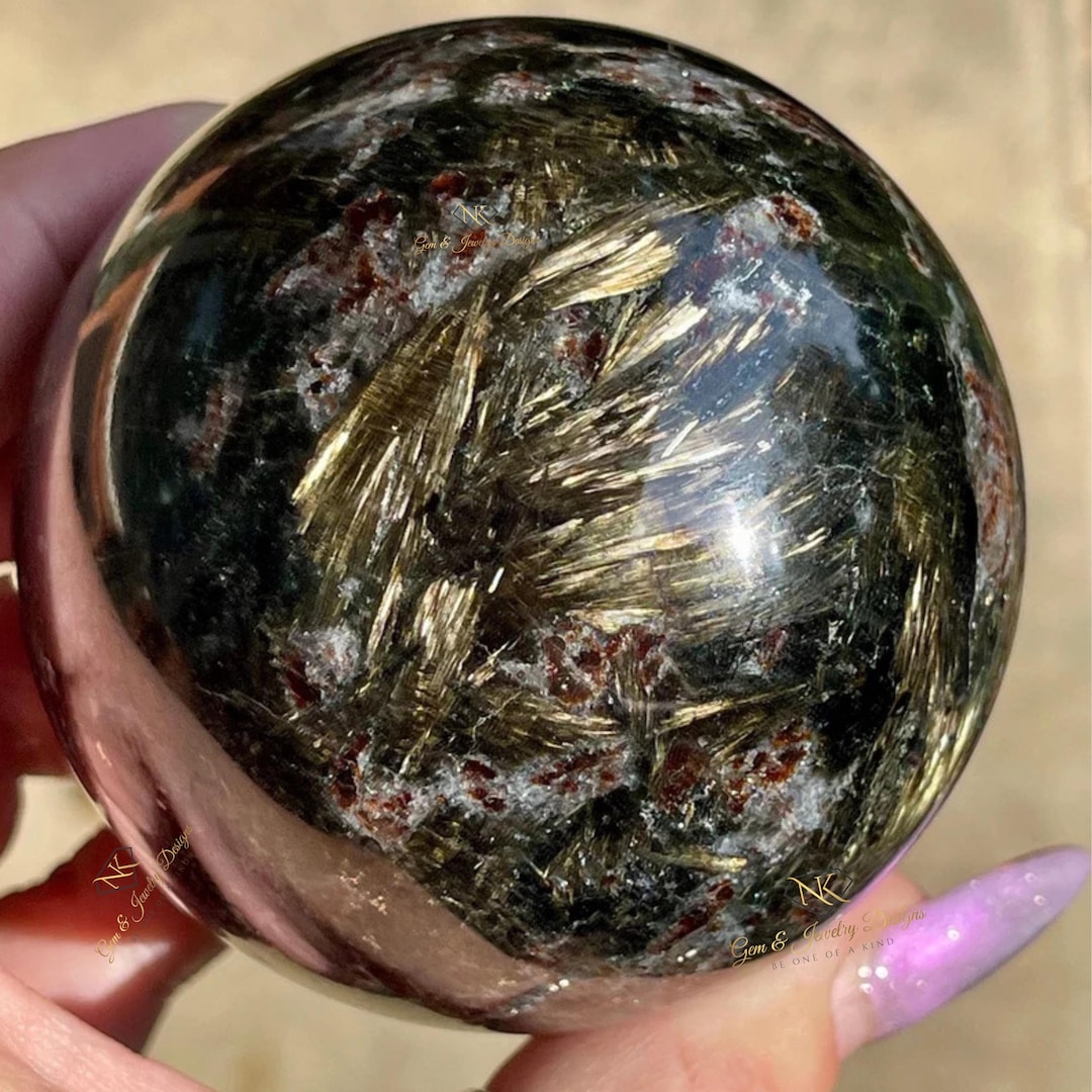 Astrophyllite Statement Sphere, Arfvedsonite Gold Firework Garnet Inclusions Ball, Arfwedsonite ...