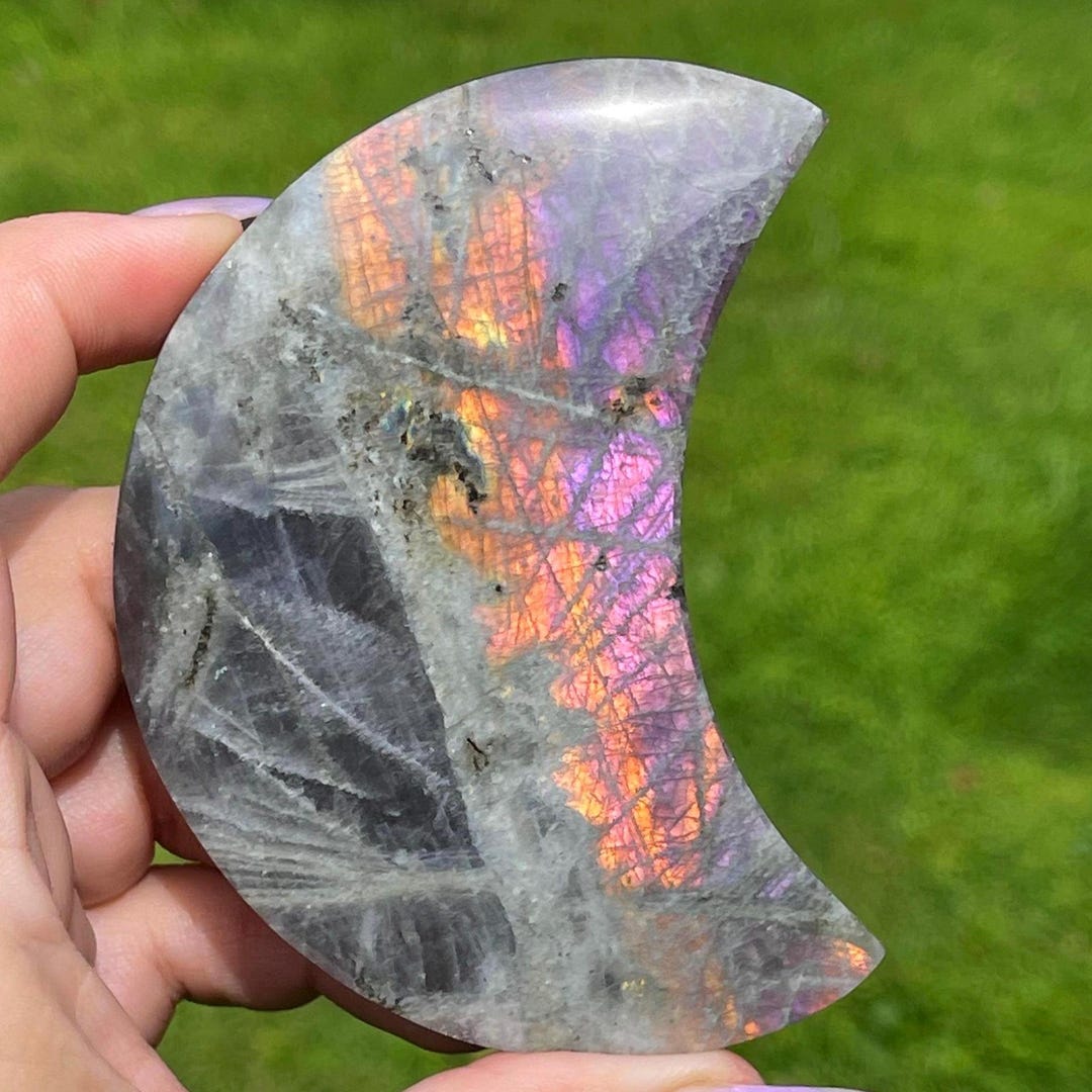 Labradorite Statement Moon on a Stand, Purple Pink Sunset Flash ...
