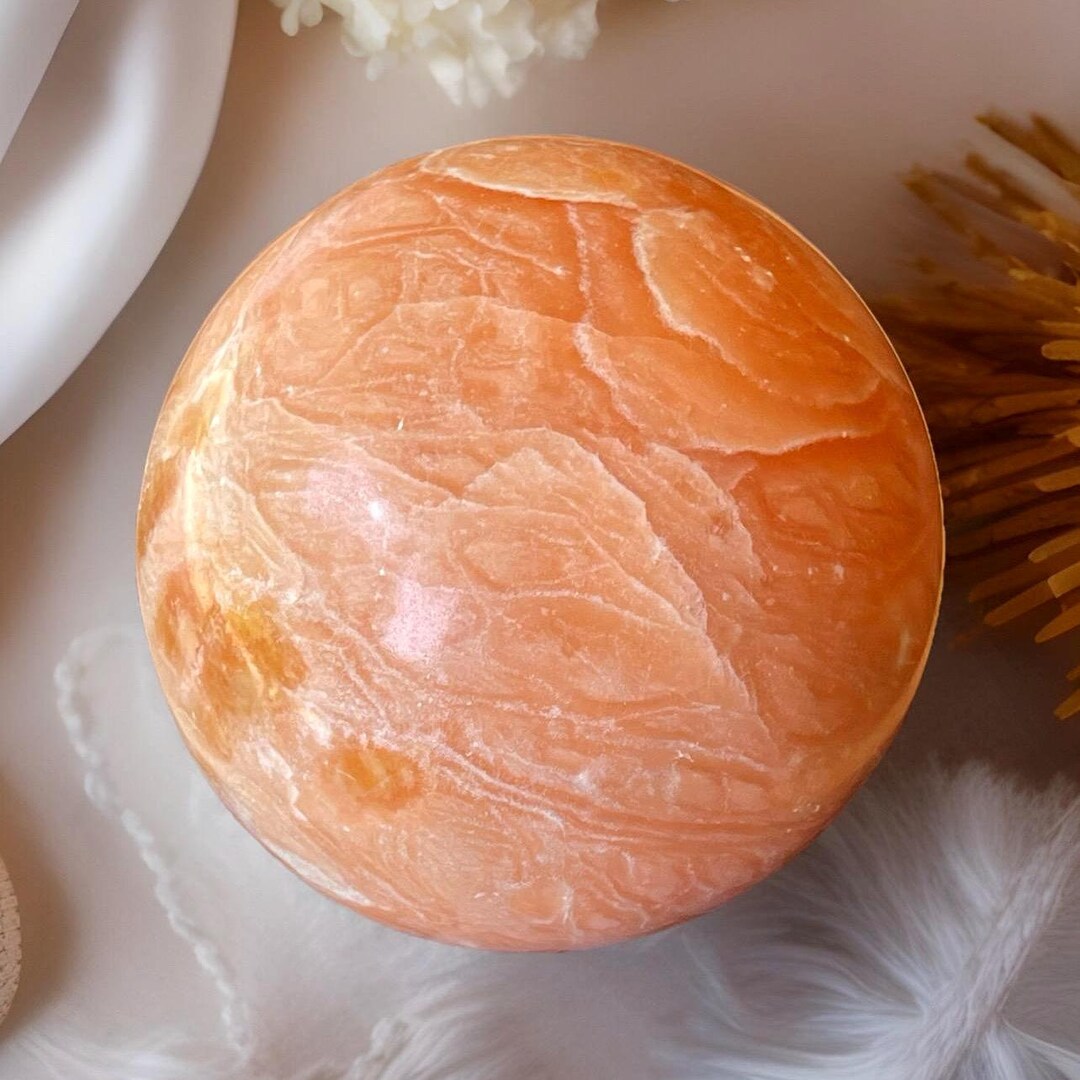 Orange Calcite XL Sphere • Natural Polished Dreamy Tangerine Calcite ...