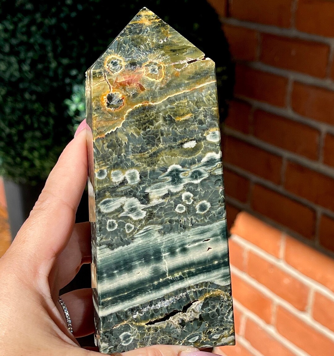 7th Vein Ocean Jasper Tower With Quartz Flowers, Orbicular Green Ocean ...