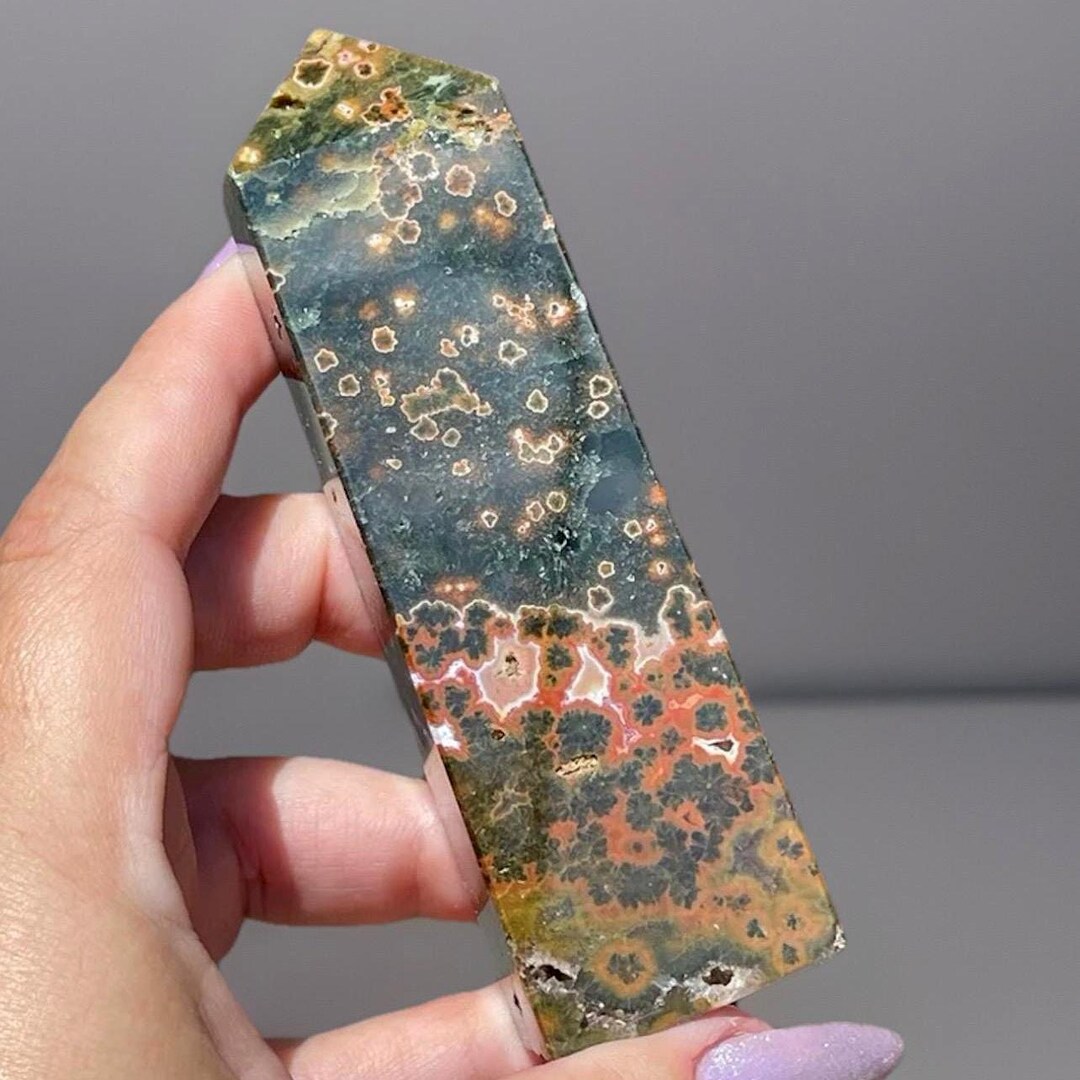 Ocean Jasper HQ Tower With Pink Orange Flowers Orbs in Green Quartz ...