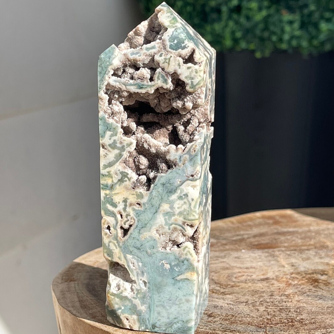 Moss Agate Purple Mauve Sugar Druzy Statement Tower, Unique Natural ...