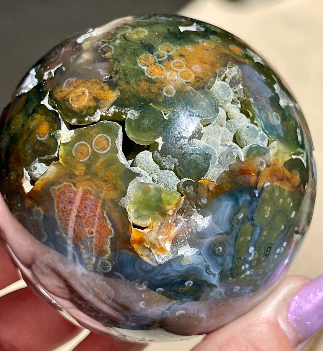 8th Vein Blue Jelly Ocean Jasper Statement Sphere With Druzy, AAA ...