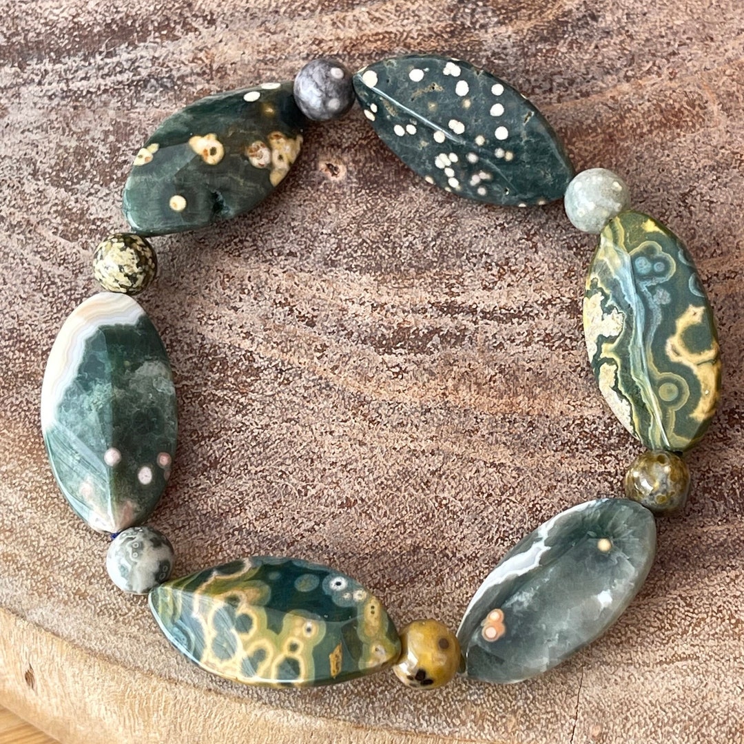8th 7th 1st Vein Ocean Jasper Bracelet With Big Marquis Shaped Beads, Orbicular Ocean Jasper Old ...