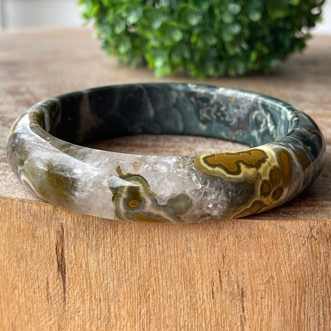 Marovato Ocean Jasper Bangle Bracelet With Orbs Flowers and Quartz, Madagascar Orbicular Ocean ...