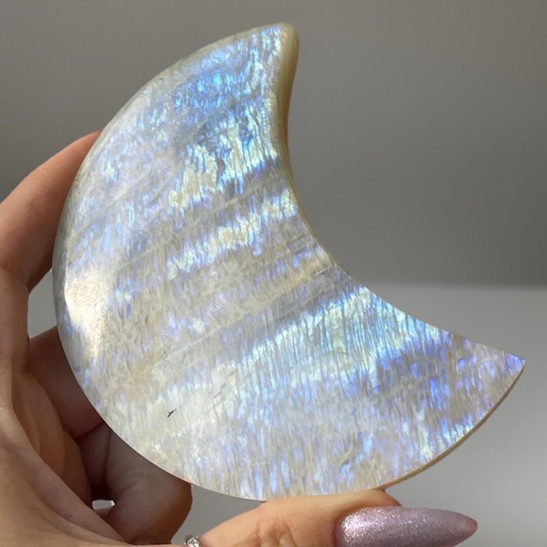 Sage Green Moonstone XL Moon With BLUE & Silver Flash • Silky Green ...