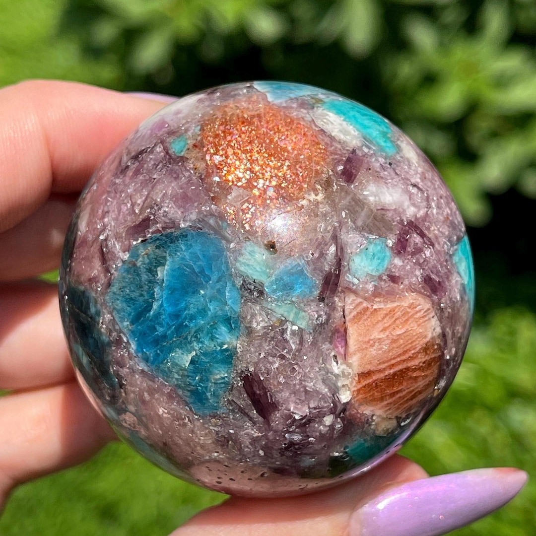 Arusha Sunstone Gem Lepidolite Blue Apatite Large Sphere With Rainbow ...