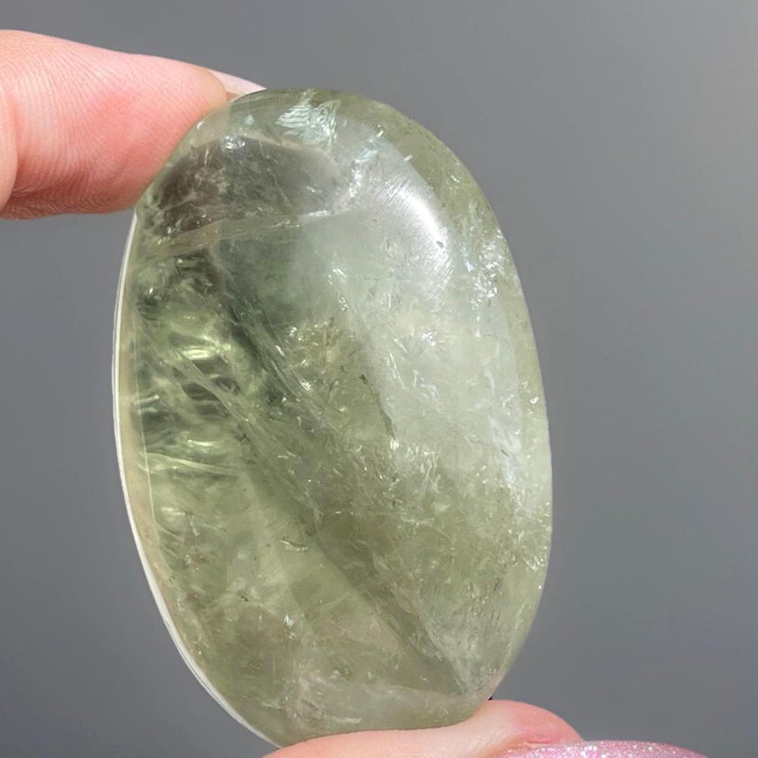 Prasiolite Palm Stone With Rainbows, Green Quartz Polished Pocket ...