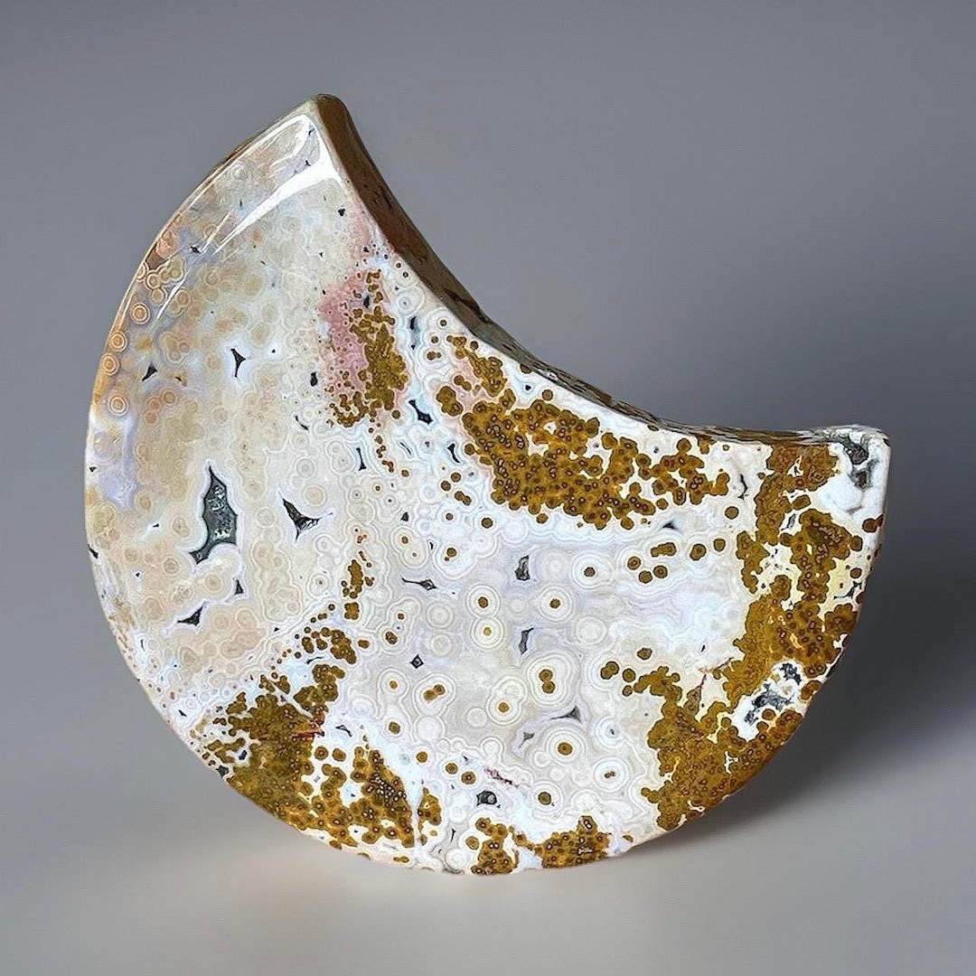 8th Vein Ocean Jasper Statement Moon With Druzy on Golden Stand - #88 ...