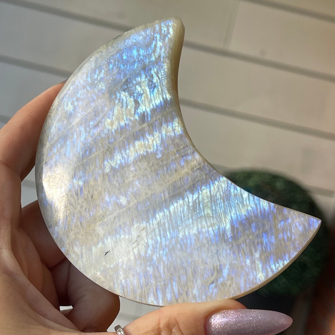 Silk Green Moonstone XL Moon With BLUE Silver Flash, High Quality Silky ...