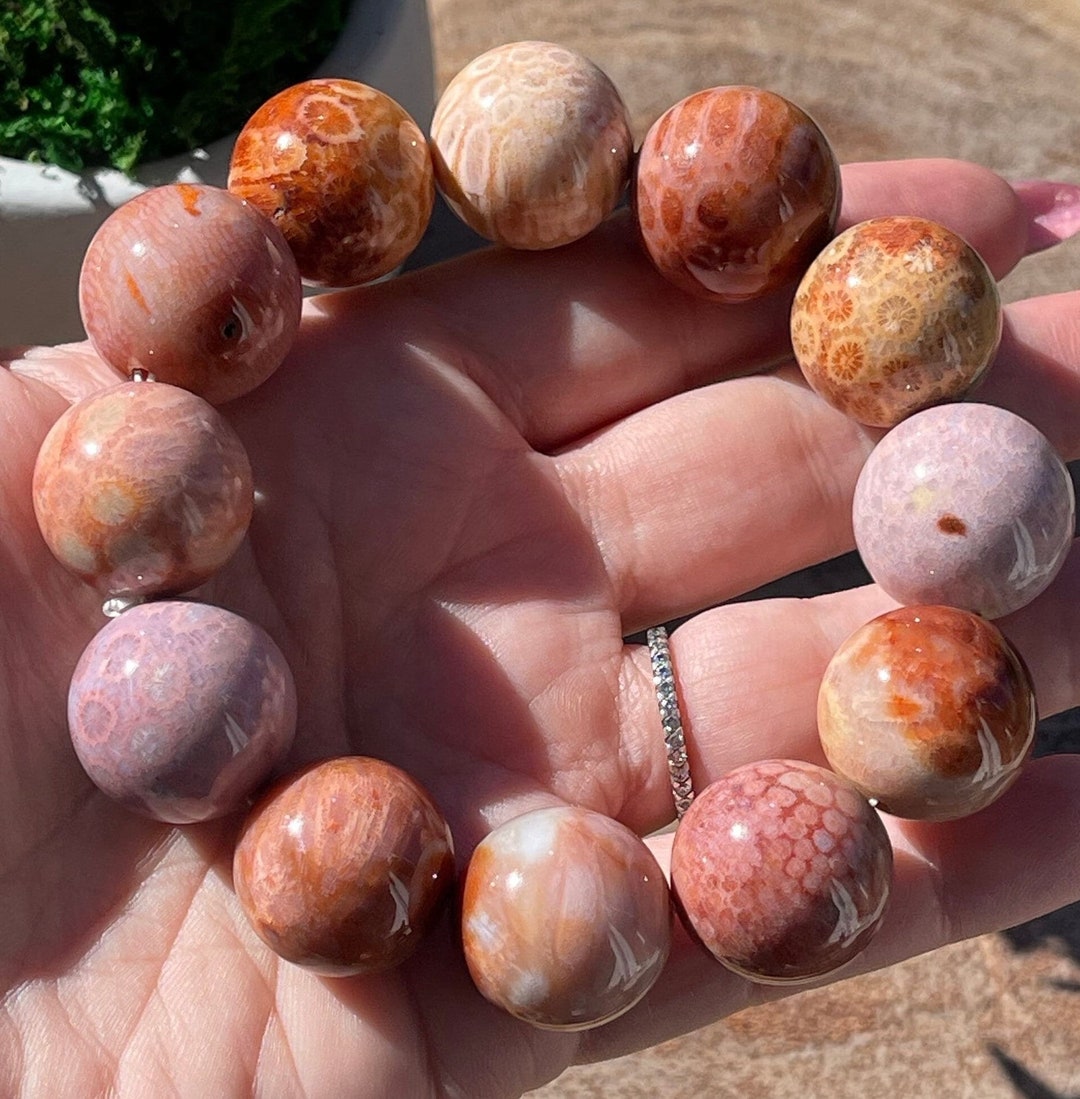 Fossilized Coral Huge Bead Bracelet HQ Agatized Pink Orange Coral Beads ...