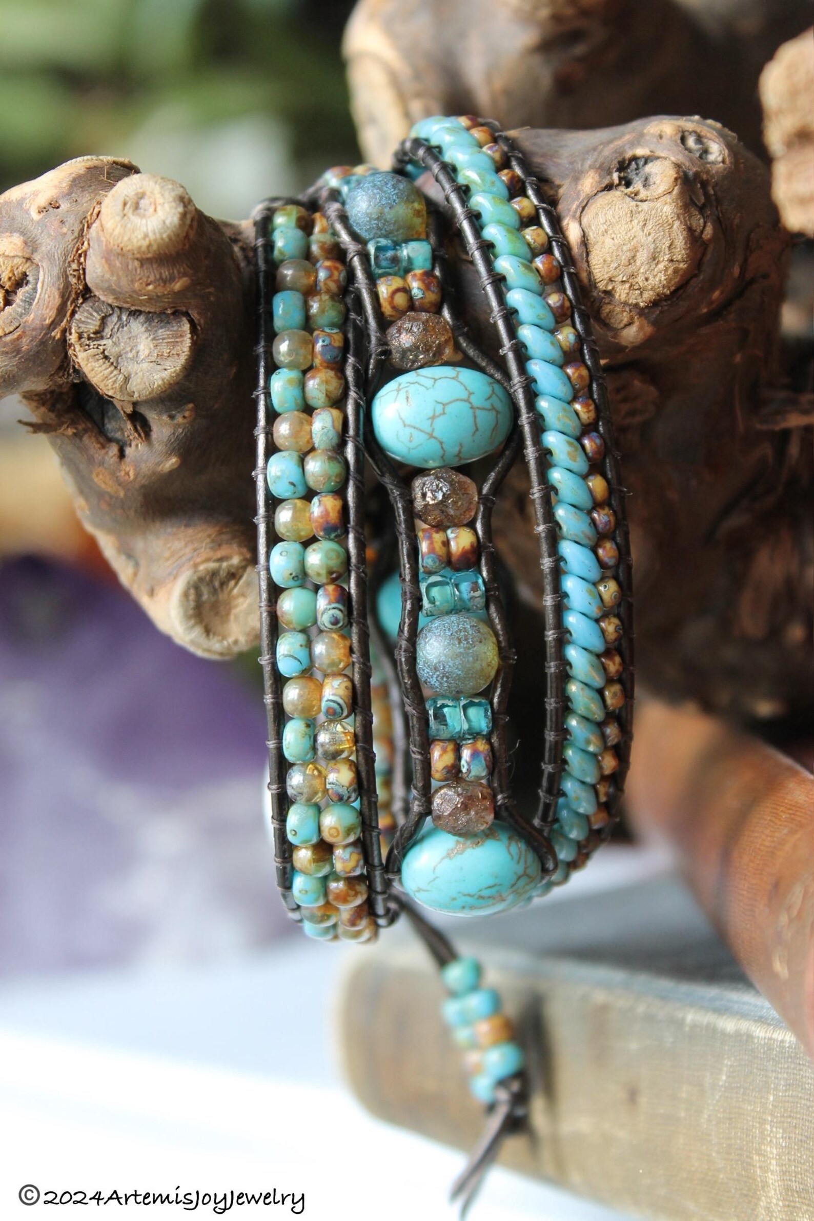 In Stock, Turquoise Howlite, Triple Wrap Beaded Leather Bracelet for ...